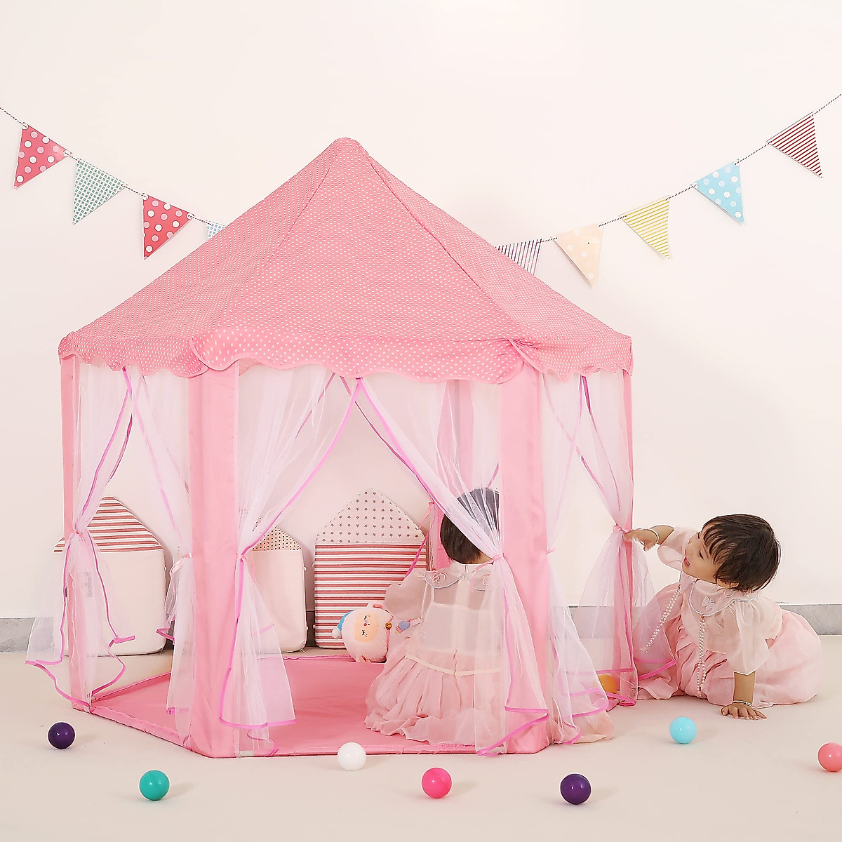 LimitlessFunN Hexagon Princess Play Tent | Includes Star Lights & Carrying Case |, Children Large Indoor Castle Playhouse for Girls, Toddlers, 55" D x 55" W x 53" H