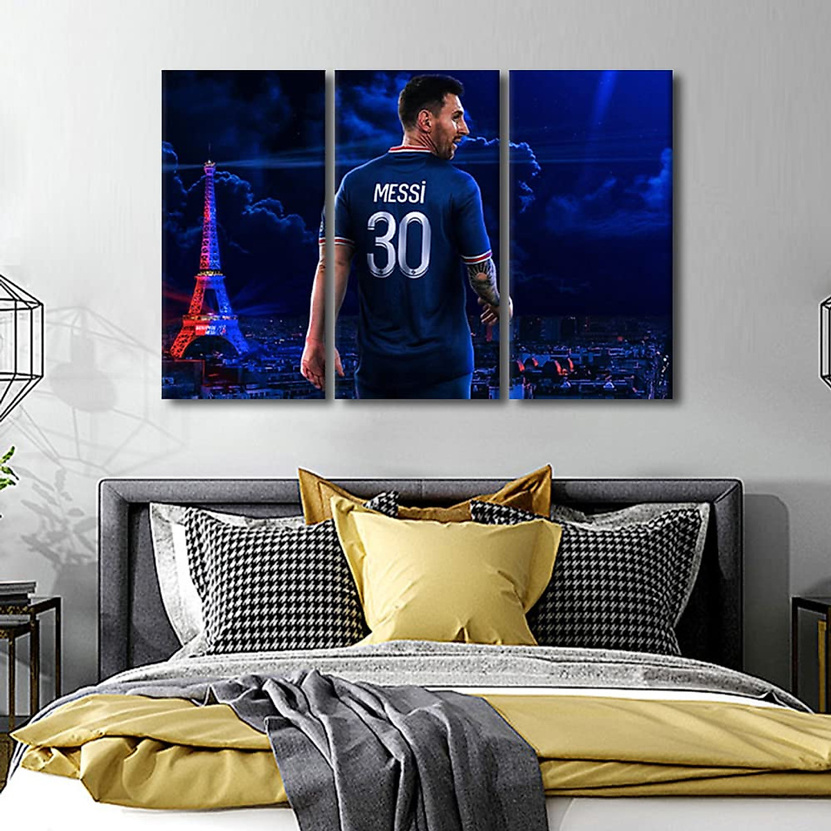 TISHIRON Soccer Superstar Messi PSG Poster Canvas Wall Art Decorative Paintings Sports Theme Design 3 Piece Home Decor Modern Aesthetics Bedroom Gym Decoration Framed Ready to Hang 36x24 in
