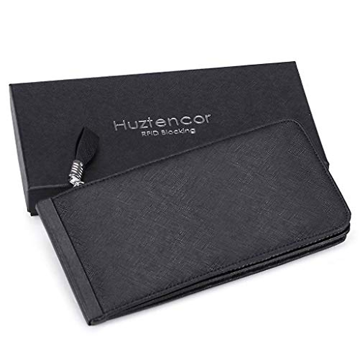 Huztencor Women's Credit Card Holder RFID Blocking Leather Multi Card Organizer Wallet Slim Long Zipper Bi-fold Business Card Case Clutch Wallet with ID Window Black (FBA)