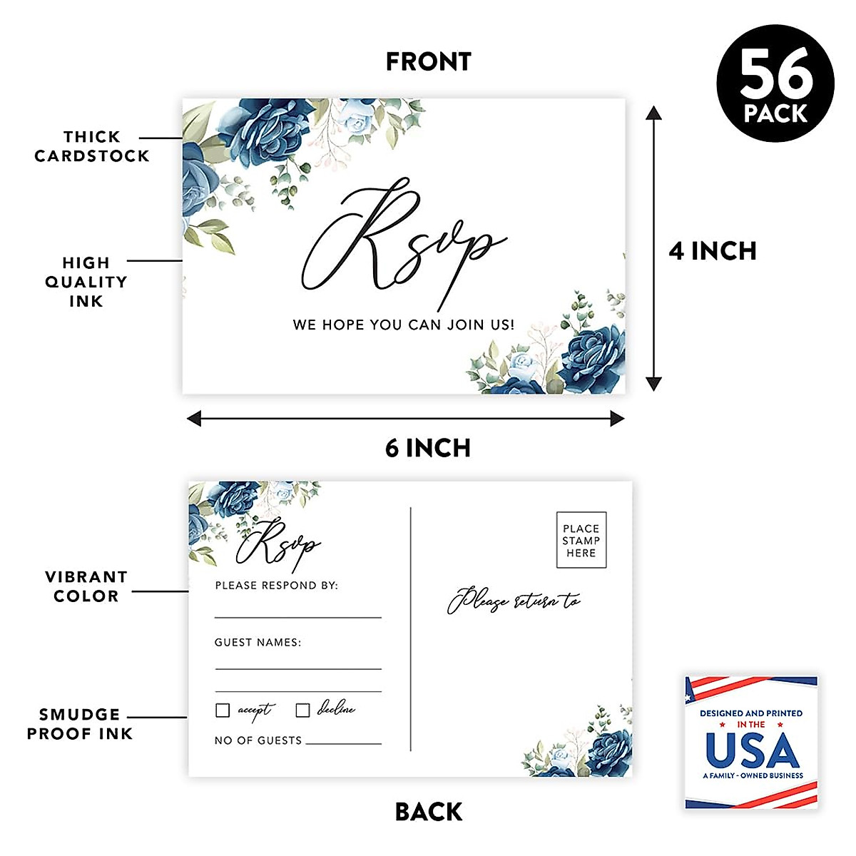 Andaz Press 56-Pack Wedding RSVP Cards Response Postcards 4x6-Inch Dusty Blue Roses RSVP Cards For Wedding Invitations Bridal Shower Baby Shower Birthday Quince Invites Wedding Reply Cards