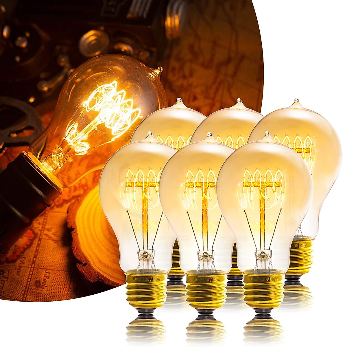 Sevici Edison Bulbs, A19 Bulbs 6 Pack, Dimmable 120V 40W Vintage Amber Glass, 240 Lumens E26 Base, Retro StyleIncandescent Bulbs, 2200K Warm Yellow Light, for Home Office Desk Lamp Stand