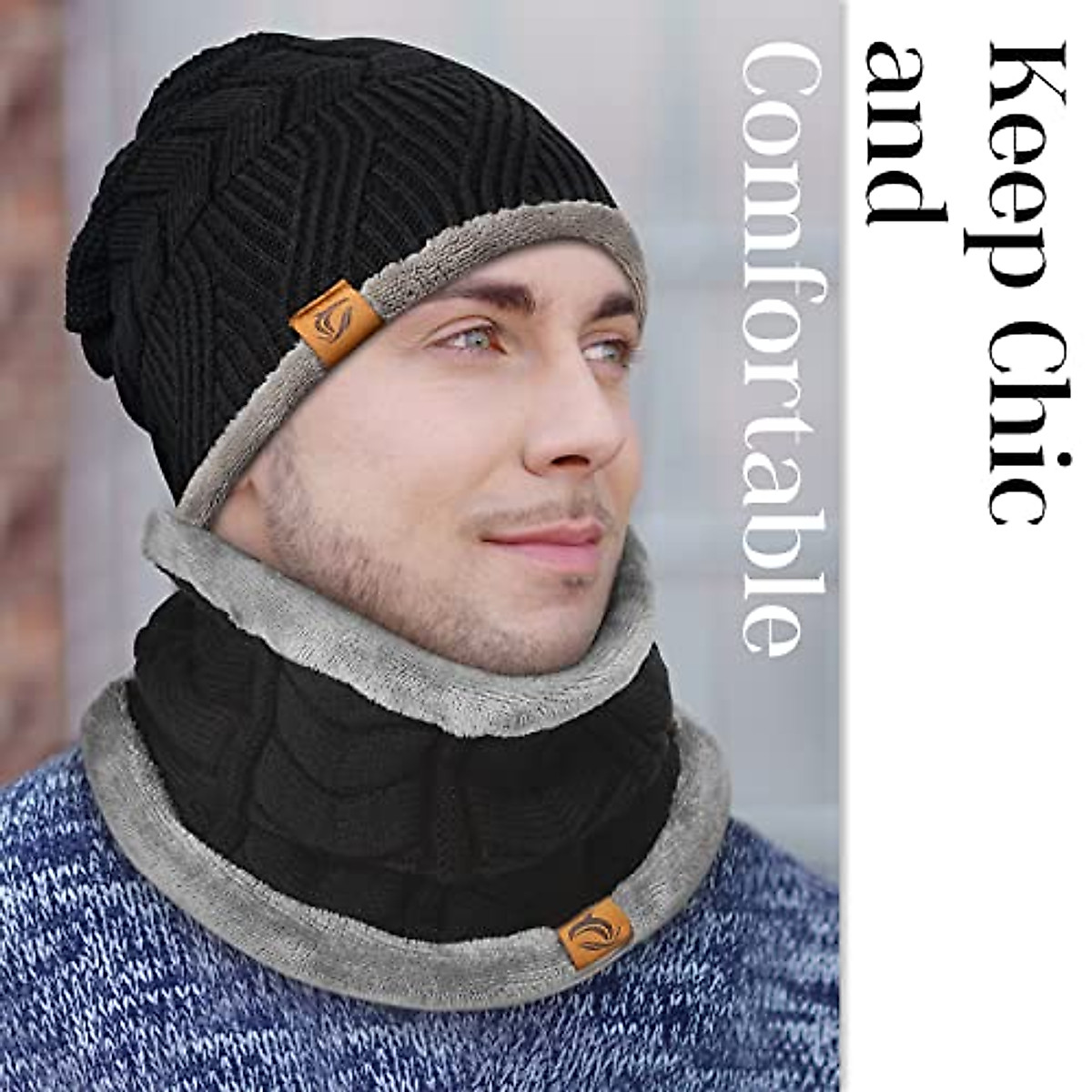 URECOVER Winter Beanie Scarf for Men - Black Slouchy Knit Fleece Cap for Women, Toboggan Hat Christmas Stocking Stuffers Birthday Gifts for Teens Unisex Adults