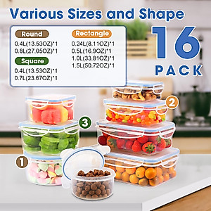 YASHE Food Storage Containers 16PCS (8 Containers + 8 Lids), Airtight Plastic Food Containers with Lids, Pantry & Kitchen Containers, Leak-Proof, BPA Free, Microwave & Freezer Safe