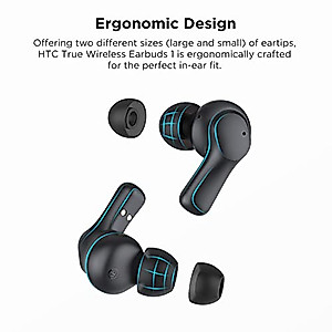 HTC True Wireless Earbuds 1 Bluetooth 5.1 with USB-C Charging Case, 32-Hour Playtime, Built-in Microphone with ENC, Touch Control Wireless Earbuds- Black