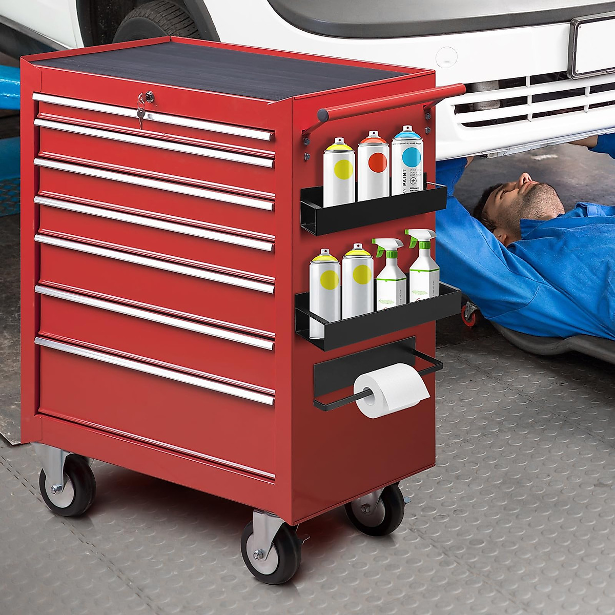 EVELOMO 4 Pcs Magnetic Aerosol Spray Can Holder with Paper Towel Holder, Magnet Toolbox Bottle Holder, Wall Mounted Spray Bottle Rack for Garage Home Workspace