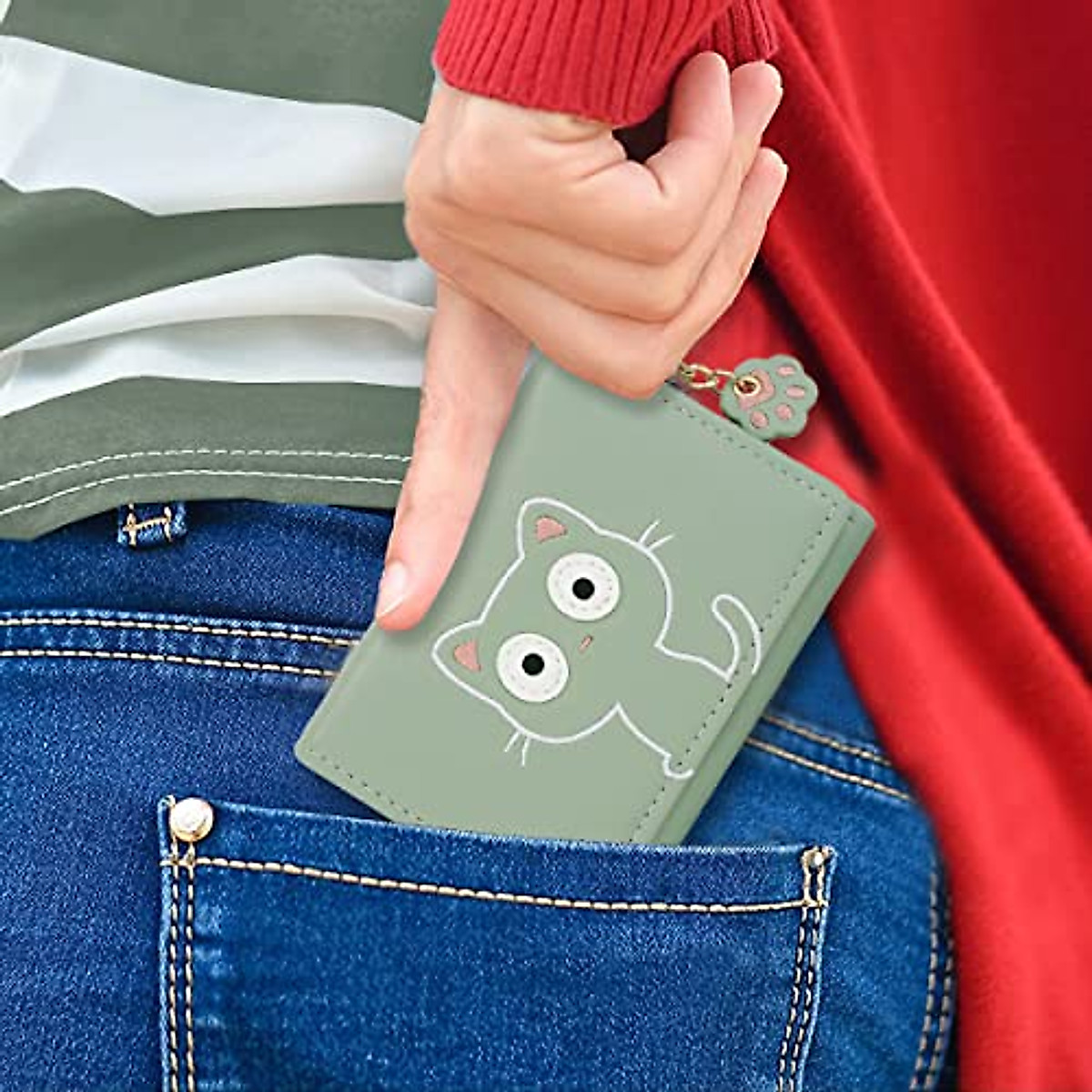 Sunwel Fashion Cute Little Cat Pattern Small Wallet Credit Card Holder Cash Pockets ID Window with Paw Pendant (GREEN, Tri-fold)