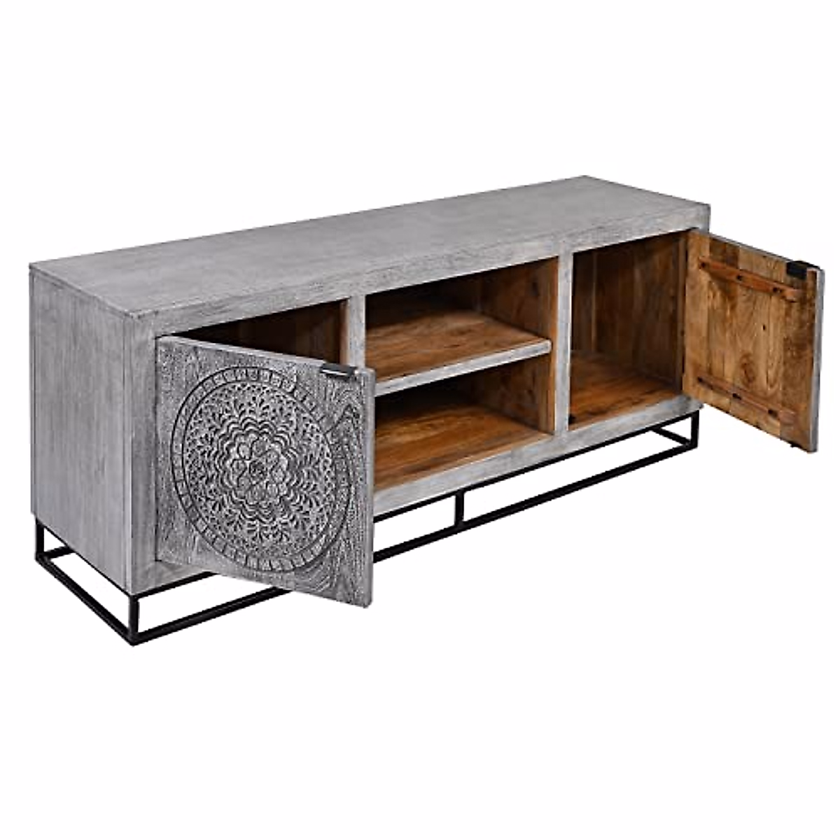 The Urban Port 63-Inch Handcrafted TV Media Entertainment Console, 2 Medallion Engraved Doors, Sandblasted Gray Mango Wood, Black Iron Stand