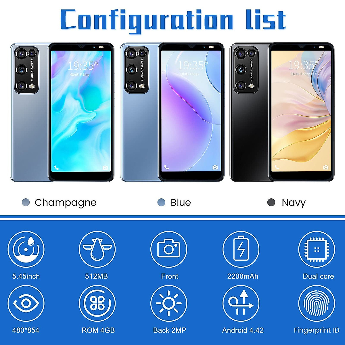 Smartphone, Rino9 Pro Android 4.4.2, 512MB 4GB Dual SIM Phone Finger Face ID 2200mAh 5.45 Inch Celular, 0.3MP front HD camera, 2MP rear Camera, Gift for Friends Family (black)