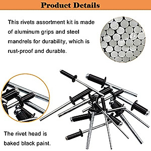 Sunxeke 500pcs Pop Rivets Aluminum Rivets Assortment Kit (3/32 1/8 5/32 3/16 1/4 inch),14 Sizes Assorted Blind Rivets for Assembling RV,Furniture and Plastic Frame Windows(Black)