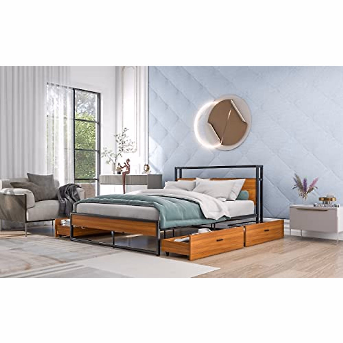 Banemi Queen Bed Frame with Drawers, Queen Size Platform Bed Frame Black Metal Bed Frame with Four Drawers Sockets and USB Ports Slat Support