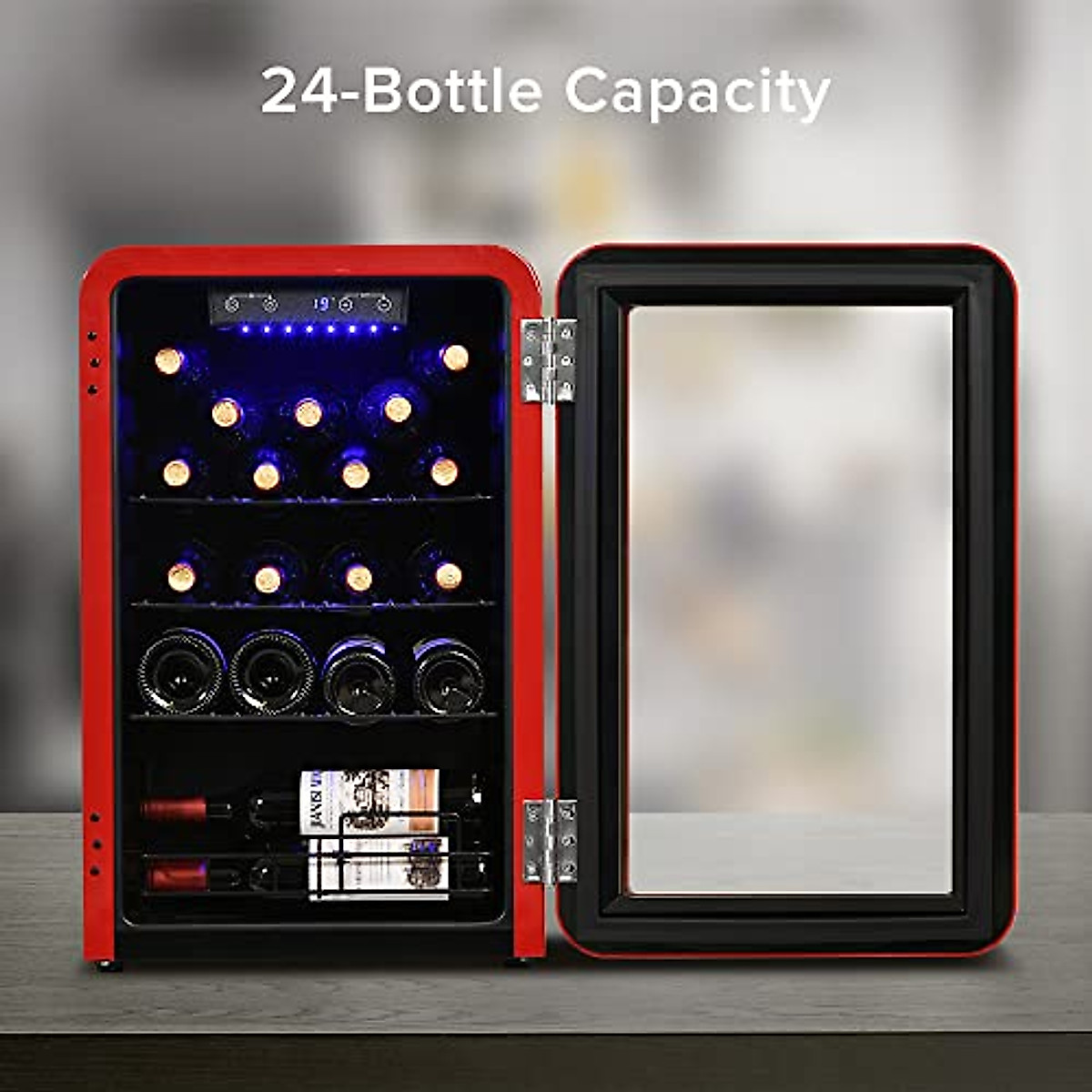 MAXTRAL Mini Wine Fridge, 24 Bottles Small Wine Fridge, Wine Fridge Freestanding, Wine Fridge Under Counter, Wine Bottle Cooler, Digital Temperature Control, UV-Protective (Red + Metal)
