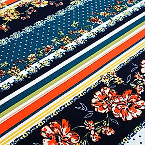 Texco Inc Printed Techno Scuba Knit Medium Flower Pattern/Poly Spandex Crepe Stretch Fabric DIY Project, Navy Teal Paprika 10 Yards