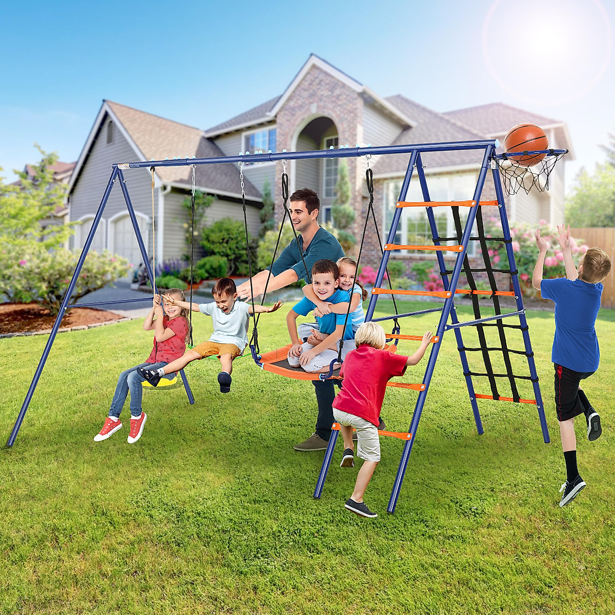 Legooin Swing Sets for Backyard, 550lbs-6 in 1 Heavy Duty Metal Swing Set with 3 Swings Climbing Net Ladder and Basketball Hoop, Waterproof Kids Swing Sets for Backyard for Indoor Outdoor Playground