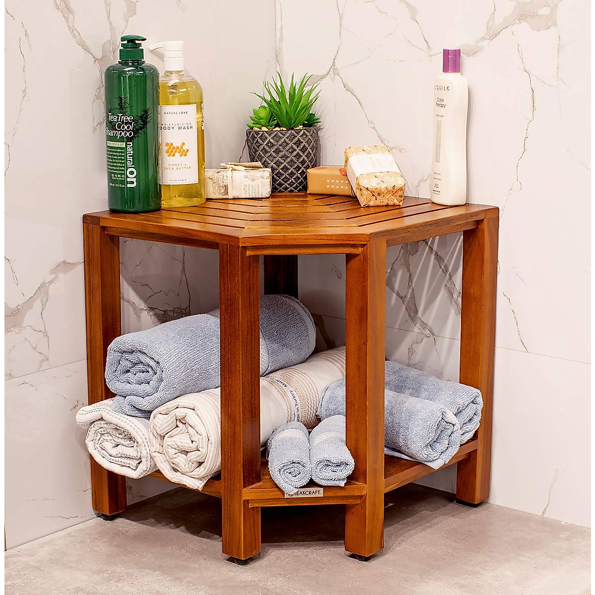 TeakCraft Teak Corner Shower Bench with Basket 17.5 Inch, Fully Assembled. The TeakRa