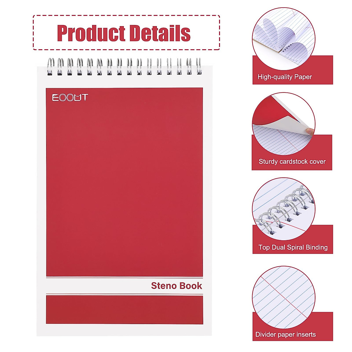 EOOUT Top Spiral Steno Pads 5 Pack, 6x9 Inches, 80 Sheets White Paper Gregg Rule, 5 Assorted Covers Steno Notebooks for Writing Notes in School, University, College, Office