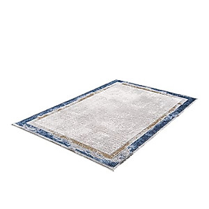 Abani Solid Grey Rugs Geometric Pattern 4'x6' Bedroom Rug - Modern Design Blue Border No-Shedding Premium Area Rug