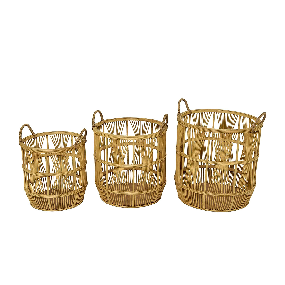 Deco 79 Wood Handmade Decorative and Functional Storage Basket Basket Organizer with Handles, Set of 3 Basket for Storage 19", 17", 15"H, Brown