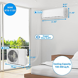 Leadzm 9,000 BTU Mini Split AC/Heating System with Inverter, 115V 19 SEER Energy Saving Ductless Split-System Air Conditioner with Pre-Charged Condenser, Heat Pump, Remote Control & Installation Kit