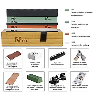 BRITOR Sharpening Stone Kit Whetstone knife sharpener 4 Side Grit 400/1000 3000/8000 Includes Non-Slip Rubber Holder Angle Guide Leather Strop and Gloves