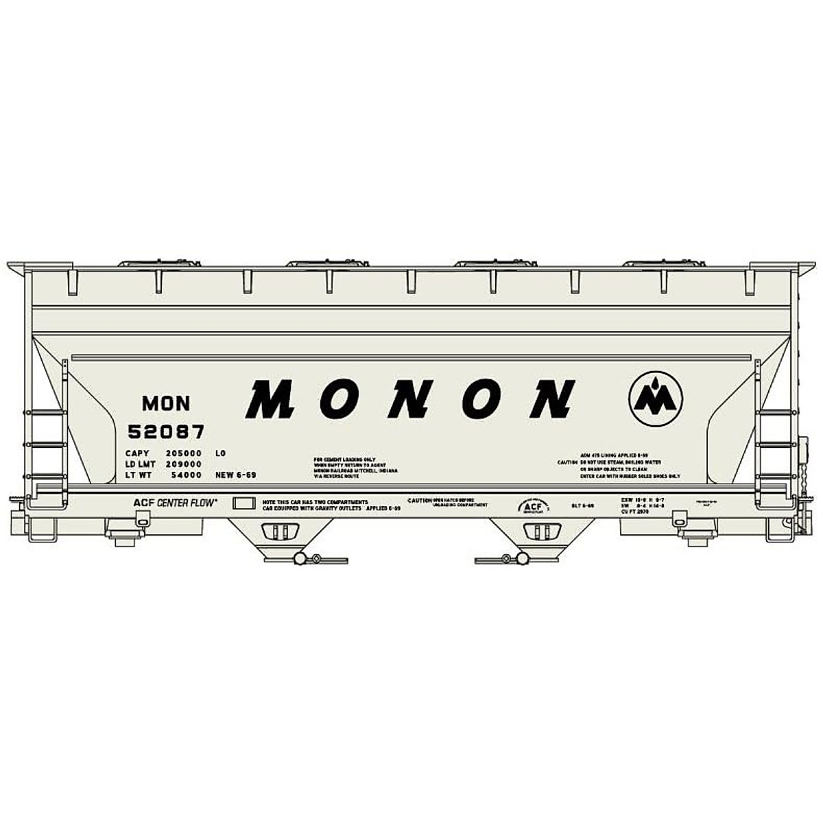 Accurail HO Scale Kit ACF 2-Bay Covered Hopper Monon (Gray/Black) Assorted #s