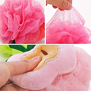 3 Pack Shower Sponge Poufs/Mesh Bath Loofahs Ball, Body Cleaning Washing Scrubber / 2 in 1 Cute Fruits Shaped Bathroom Bubbler Accessory for Dry Skin Exfoliating, Cellulite, Massage
