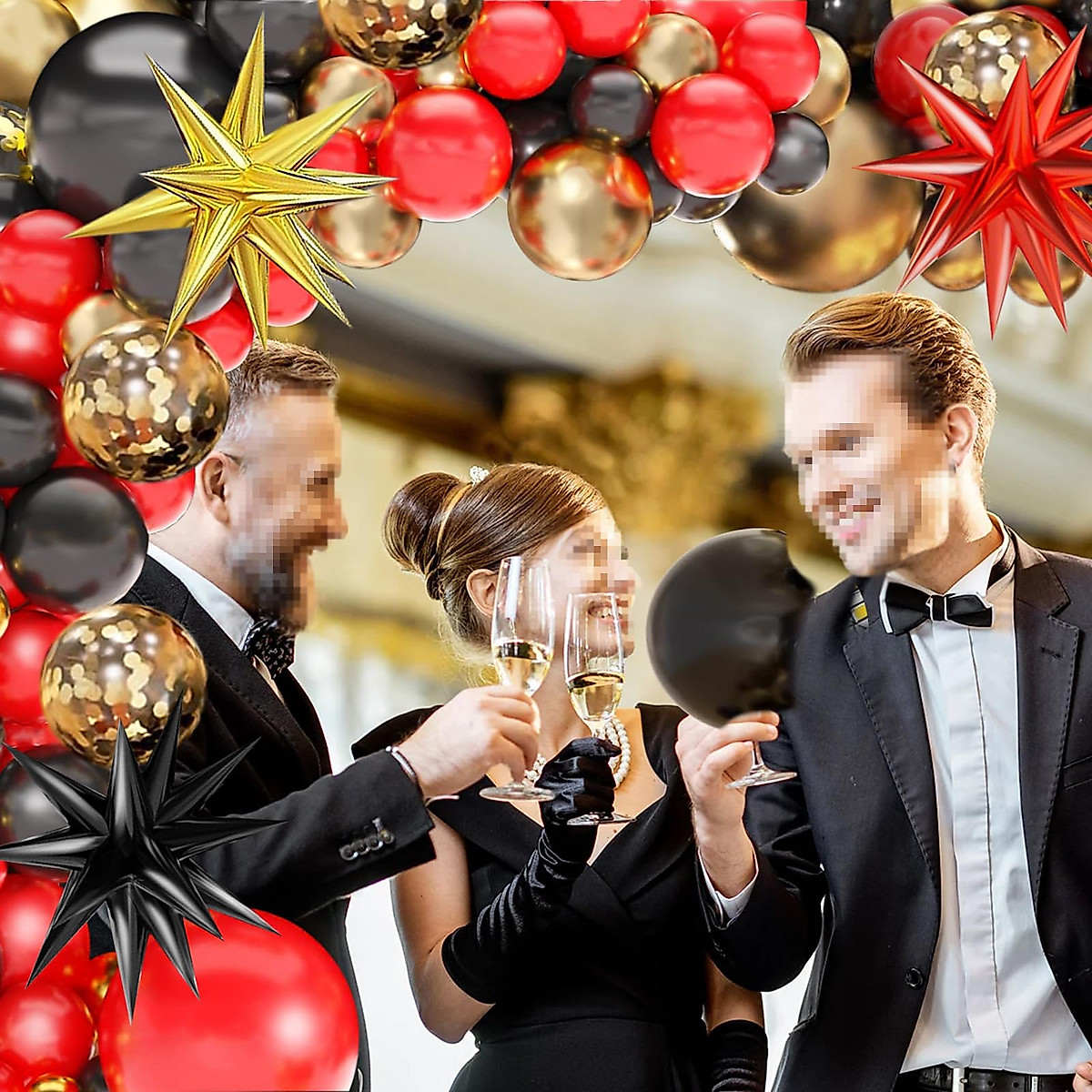 121 Pack Red Black Gold Balloons Arch Kit with Star, Red Black and Gold Balloon Garland for Graduation Anniversary Casino Night Hollywood New Years Movie Night Birthday Decorations