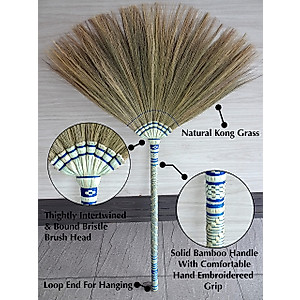 Handmade Asian Broom Natural Bamboo Wood Broomstick for Sweeping, RED or Blue Thai Grass Woven Design Corn Broom & Cover Set