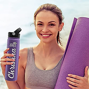 Graduation Gifts - Personalized Water Bottle w Straw Lid, Custom 6 Designs Water Bottle w Name | 24 oz - Purple | Double Wall, Vacuum Insulated, Class of 2023, High School, College Gifts
