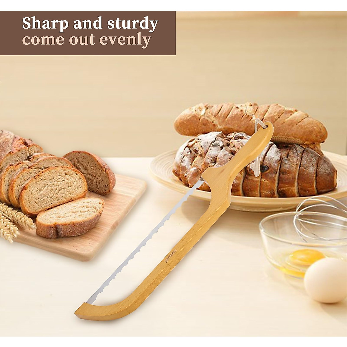 NewmeniDesign Sourdough Bread Knife with Bag: 16'' Sharp Sourdough Slicer with Knife Protector - Cuts Easily Bread Bow Knife for Every Kitchen - Durable Wooden for Fruit Cake Cheese and Baking