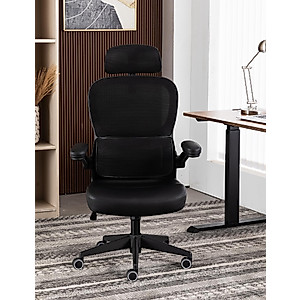 Ergonomic Mesh Office Chair High Back Desk Chair for Big and Tall People Adjustable Headrest with 2D Armrest Lumbar Support and PU Wheels Swivel Tilt Function Black (Black with Nylon Base)