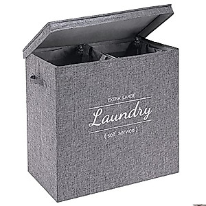 Fion'a magic Double Laundry Hamper with Lid and Removable Laundry Bags, 2 Divided Clothes Hamper, 125L Divider Dirty Clothes Basket with Handles for Bedroom, Laundry Room, Bathroom, Grey