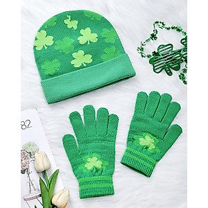 2PCS St Patrick's Day Beanie and Gloves Set Spring Green Shamrock Hat St Patricks Day Accessories Irish Knitted Hat Clover Glove for Women and Men Saints Beanie Gift