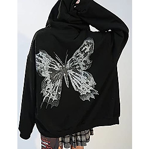 MISSACTIVER Women’s Casual Graphic Printed Hoodies Oversized Zip Up 90S E-Girl Streetwear Grunge Jacket Black