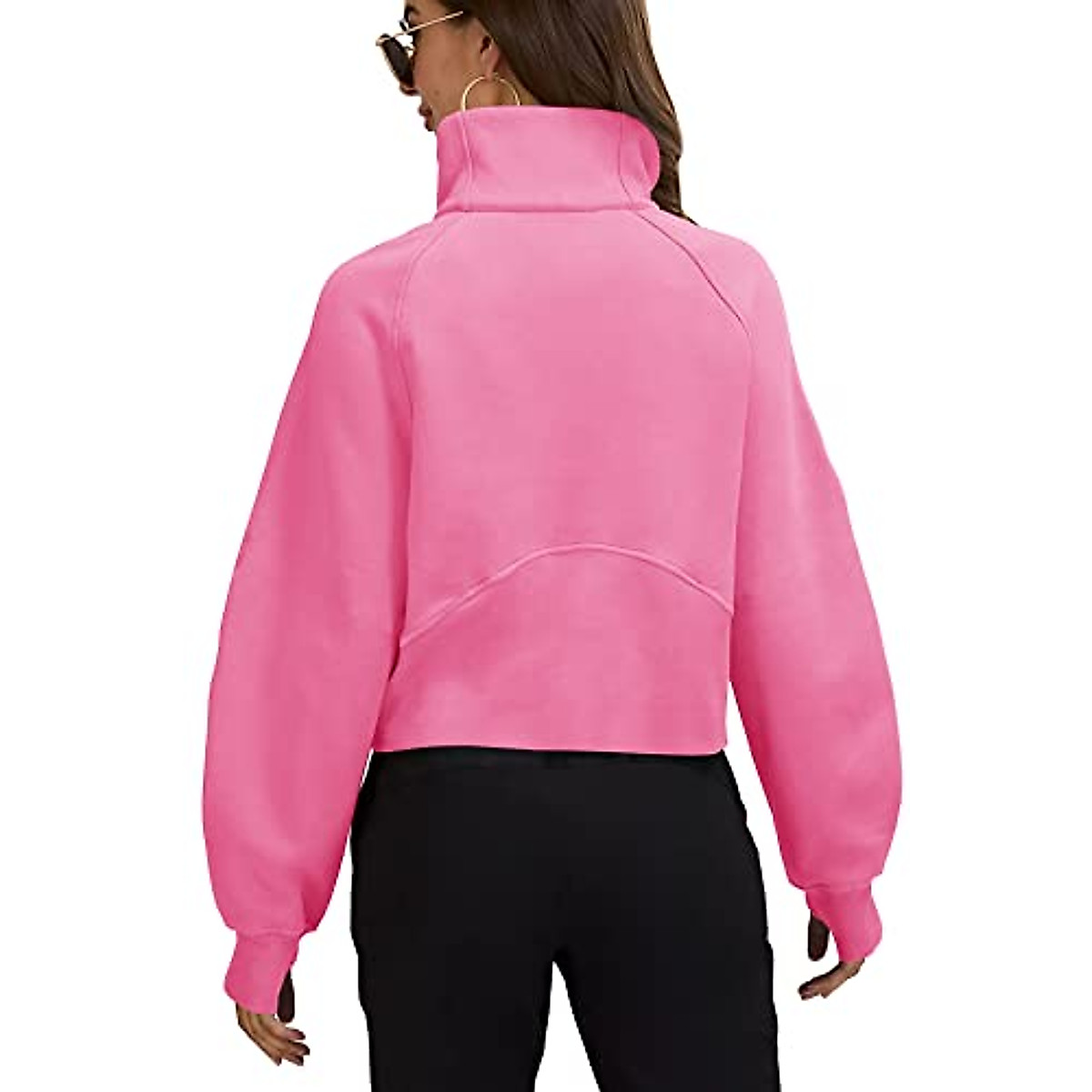 Womens Sweatshirts Half Zipper Crop Pullover Funnel Neck Fleece Lined Zip Up Long Sleeve Tops Thumb Hole Pink