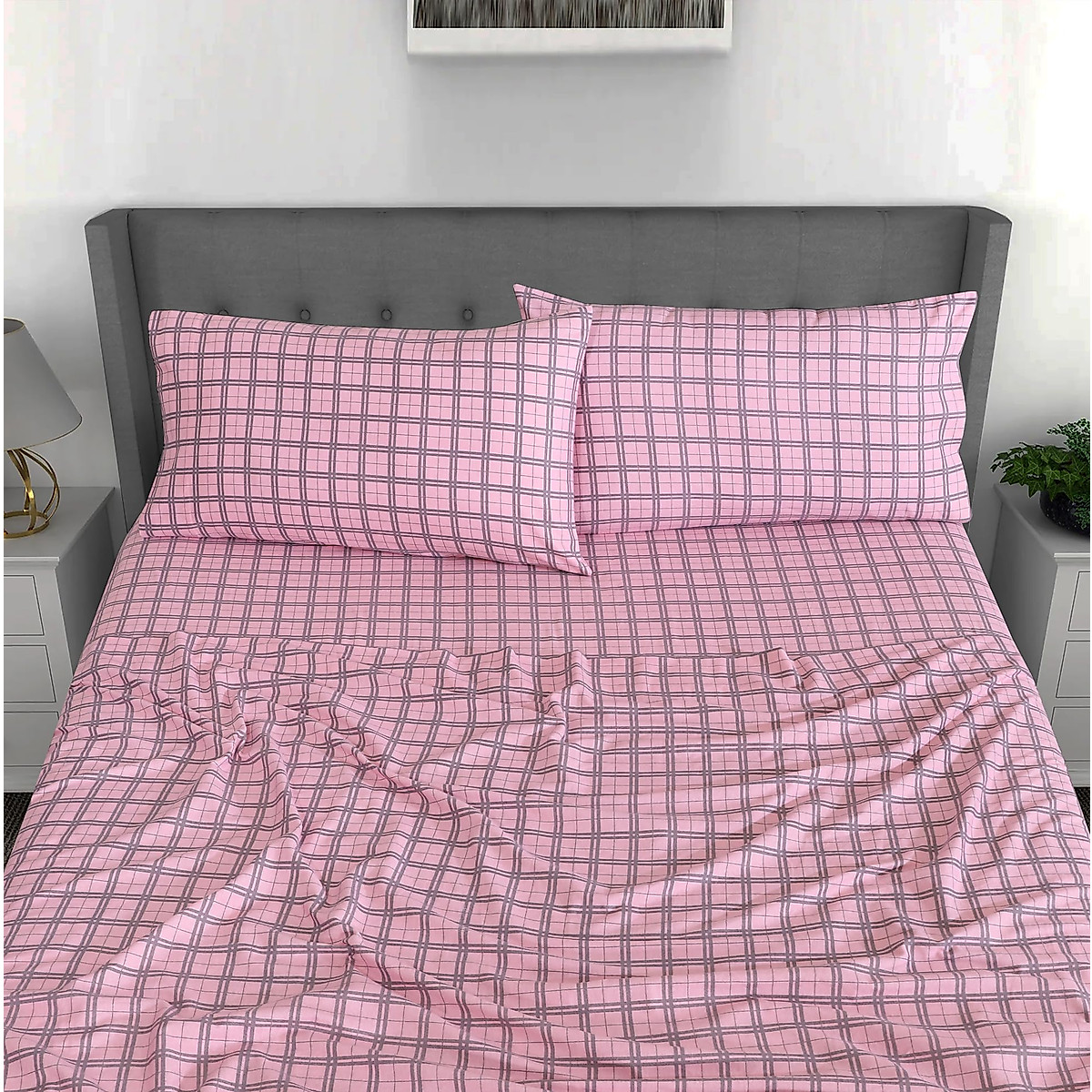 RUVANTI Flannel Sheets Full Size - 100% Cotton Brushed Flannel Bed Sheet Sets - Deep Pockets 16 Inches - All Seasons Breathable & Super Soft - Warm & Cozy - 4 Pcs - Check & Bolt Pink