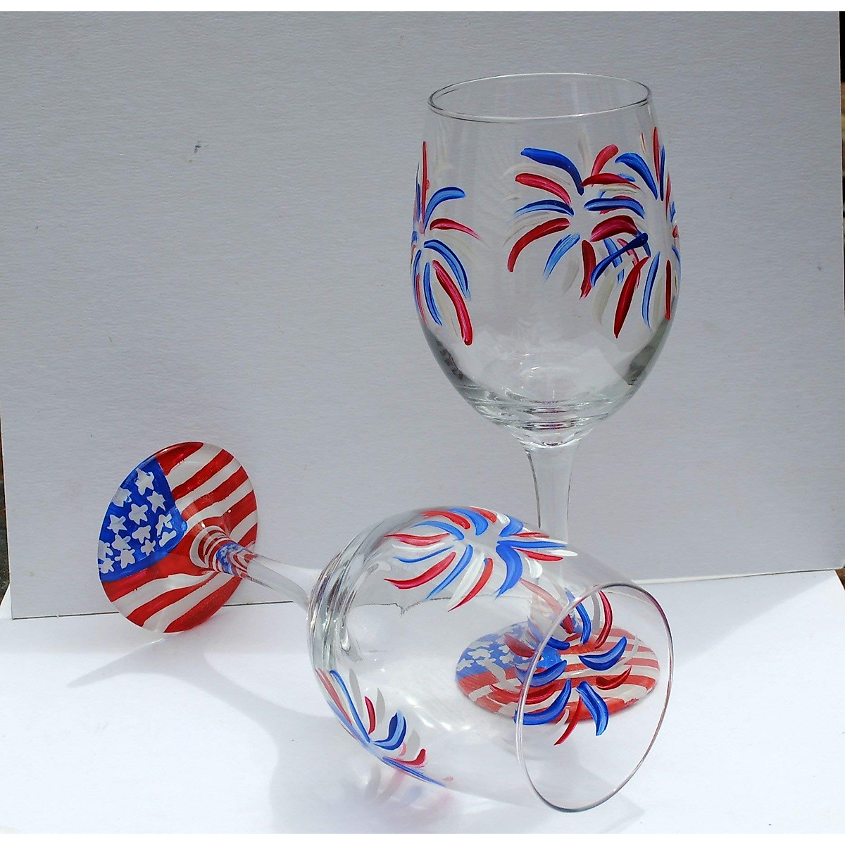 Fireworks USA American Flag Hand Painted Stemmed Wine Glasses Set of 2