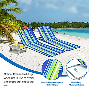 GYMAX Beach Chairs, Folding Tanning Lounge Chairs with Table Set, Adjustable Patio Floor Chair, Outdoor Sunbath Chair with Desk, Pillow & Storage Bag for Outside, Patio, Poolside (Blue Stripe)