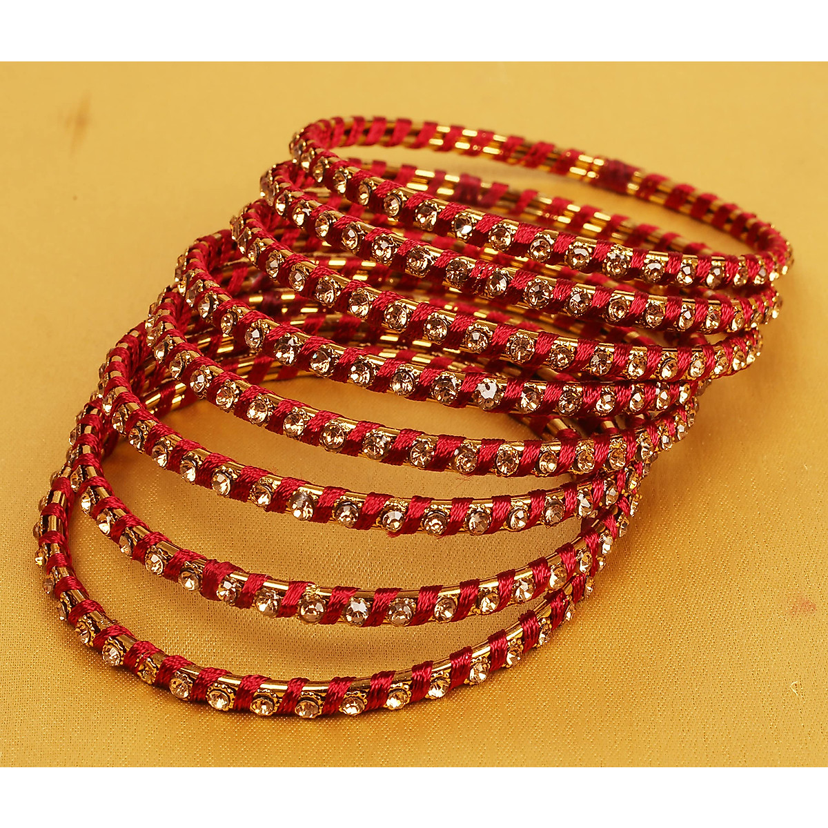 Touchstone New Silk Thread Bangle Collection Indian Bollywood Hand Woven Silk Thread Marron Color Rhinestone Designer Jewelry Special Extra Large Size Bracelets Bangle Set of 8 for Women.