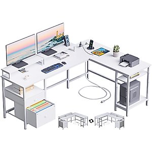 Furologee White 66” L Shaped Desk with Power Outlet, Reversible Computer Desk with File Drawer & 2 Monitor Stands, Home Office Desk with Storage Shelves, Corner Desk for Gaming Writing