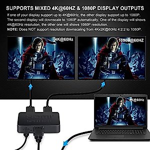 HDMI Splitter 4K@60Hz, avedio links HDMI Splitter 1 in 2 Out, HDMI Splitter for Dual Monitors Only Duplicate/Mirror Screens, Support HDMI2.0b, HDCP2.2, 18.5Gbps, Auto Scaling, Full HD 1080P 3D