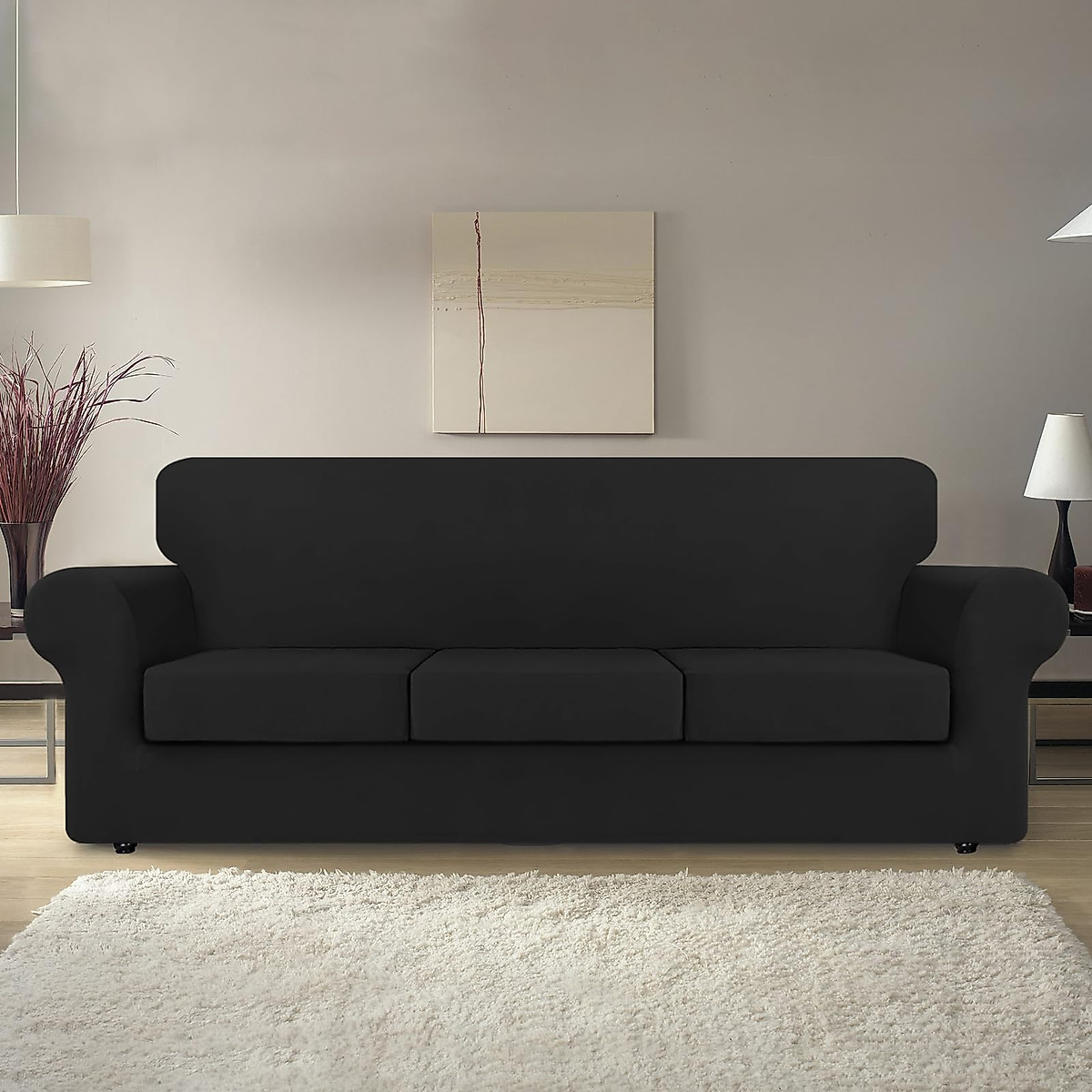 KEKUOU 4 Pieces Stretch Couch Covers for 3 Cushion Couch Sofa pet Friendly， Sofa Covers Washable Soft Elastic Dogs Furniture Protector(Sofa,Black)