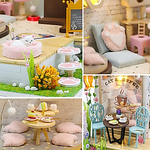 SYW DIY LED Lights Miniature Dollhouse Kit Cat Coffee Doll House Model Wooden Furniture for Christmas 's Day Creative Gifts with Dust Cover and Music （Cat Coffee Shop ）