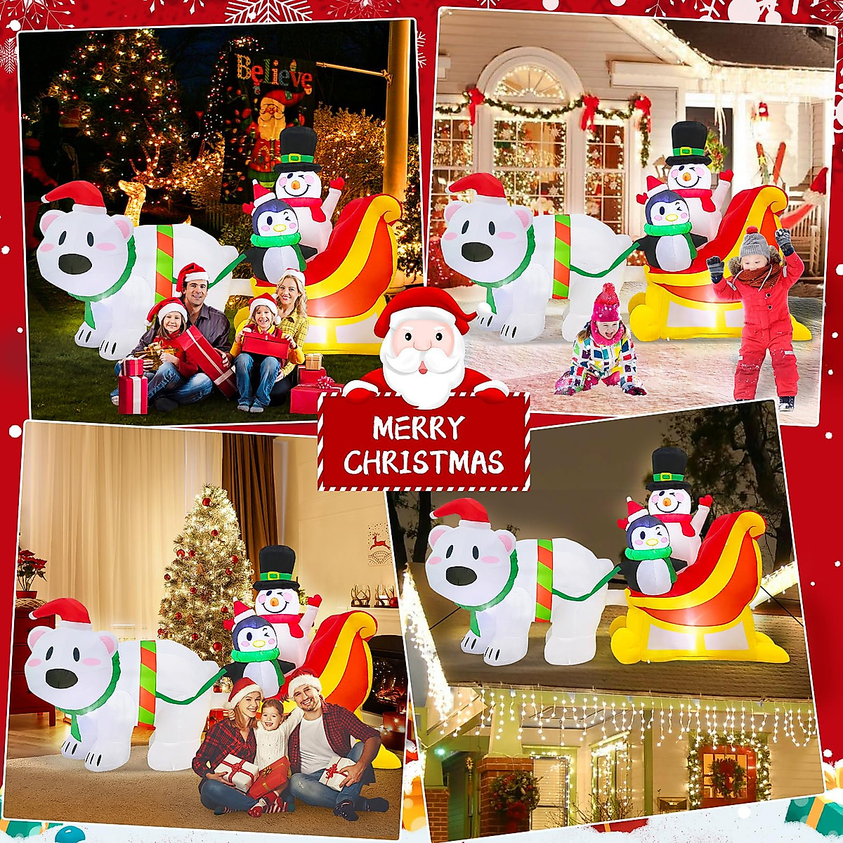 MICOCAH 7 FT Long Christmas Inflatables Snowman & Penguin on Sleigh with Polar Bear Inflatable Outdoor Christmas Decorations, Built-in LED Light Blow Ups for Yard Xmas Party Holiday Indoor Lawn Garden