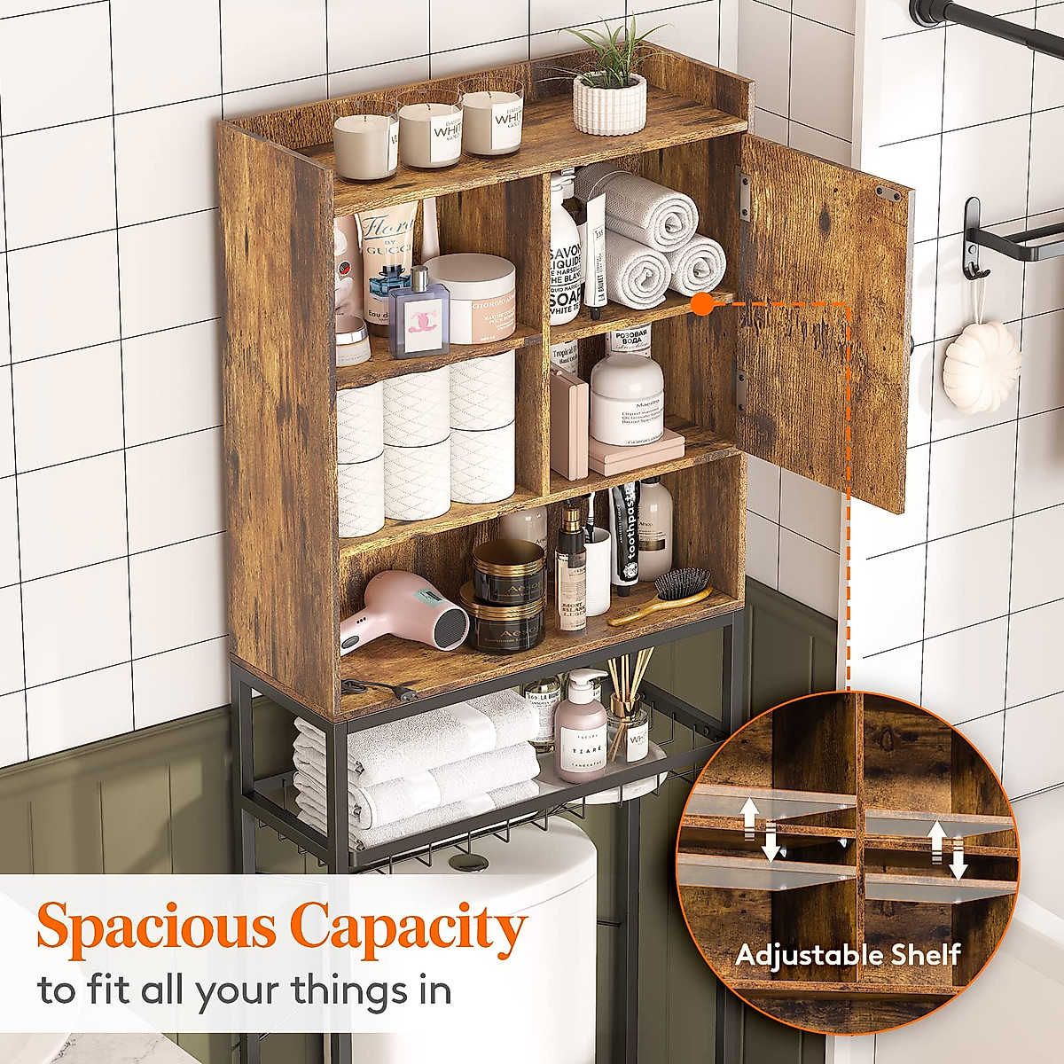 Lifewit Over The Toilet Storage Cabinet, Bathroom Organizer Shelves Over Toilet Storage, Freestanding Bathroom Rack Space Saver with Adjustable Shelves, Light Brown