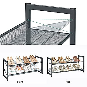 SONGMICS Shoe Rack, 2-Tier Stackable Shoe Storage Shelf, Flat or Angled Shoe Organizer, Metal Shoe Tower Stand for Closet Entryway, Grey 12.1 x 36.4 x 16.5 Inches