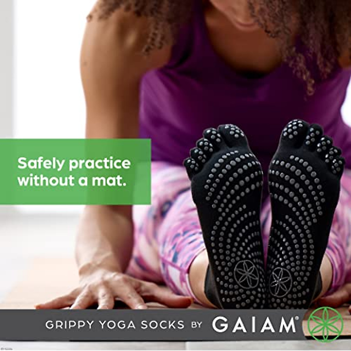 Gaiam Yoga Socks - Grippy Non Slip Sticky Toe Grip Accessories for Women & Men - Hot Yoga, Barre, Pilates, Ballet, Dance, Home - Grey, Small/Medium