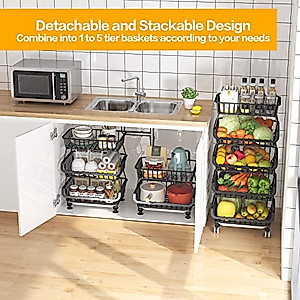 5 Tier Fruit Basket for Kitchen,Stackable and Vegetable Storage Stand Cart,Vegetable Organizer Produce Bins Rack Onions Potatoes,Metal Wire Baskets,Black