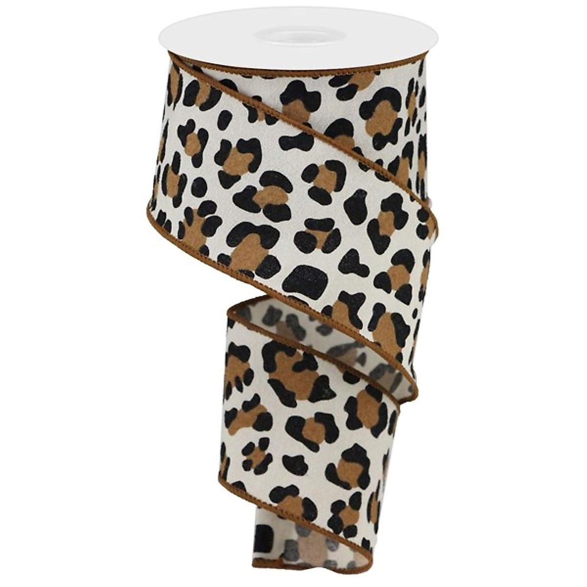 Cheetah Leopard Animal Spots Fuzzy Wired Ribbon, Brown Beige Natural - 2.5 Inches x 10 Yards