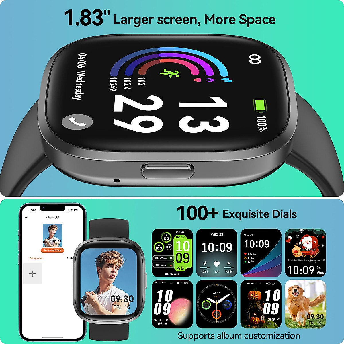 anyloop Smart Watch(Answer/Make Call), 1.83'' HD Smart watches for Men Women, IP68 Waterproof Fitness Tracker with Heart Rate Blood Oxygen Sleep Monitor Step Calorie Counter Pedometer for Android iOS