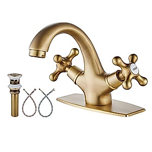Aolemi Bathroom Sink Faucet Antique Brass Single Hole Cold and Hot Double Handle Cross Knobs Vanity Vessel Sink Basin Mixer Tap with Pop Up Drain with Overflow and Deck Cover Plate